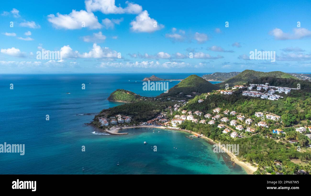 Aerial view of northwest coast St. Lucia with beach, sea, sky and ...