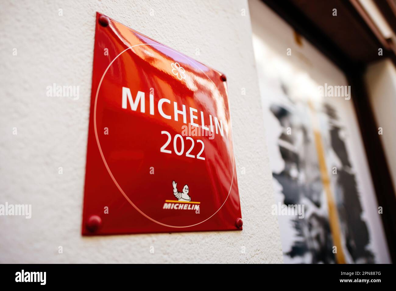 Strasbourg, France - Mar 20, 2023: A red award logo panel featuring ...