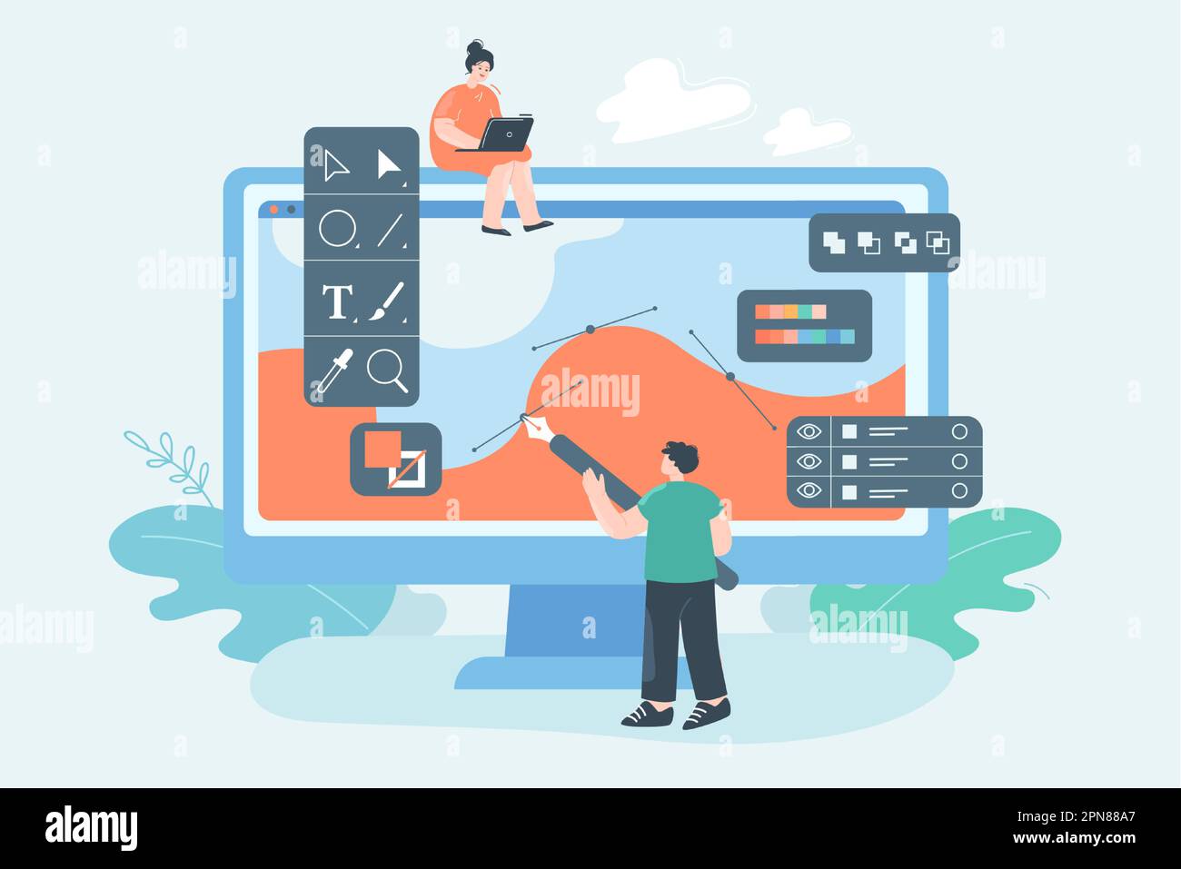 Tiny people drawing with pen in graphical editor on computer Stock ...