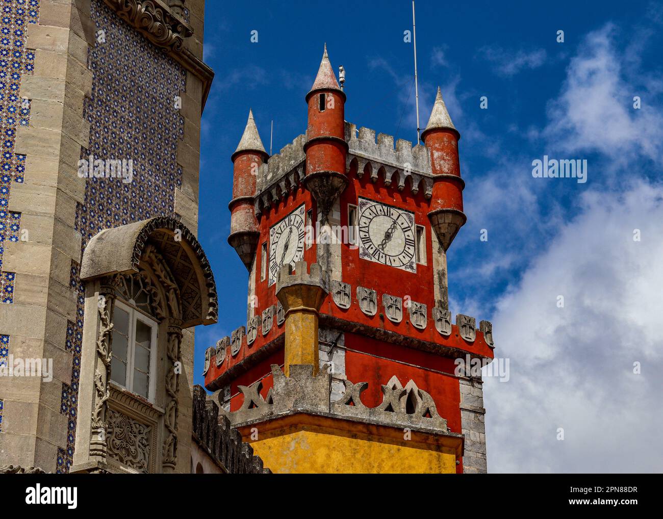 Beautiful red clock tower at Pena Palace in Sintra Portugal Stock Photo ...