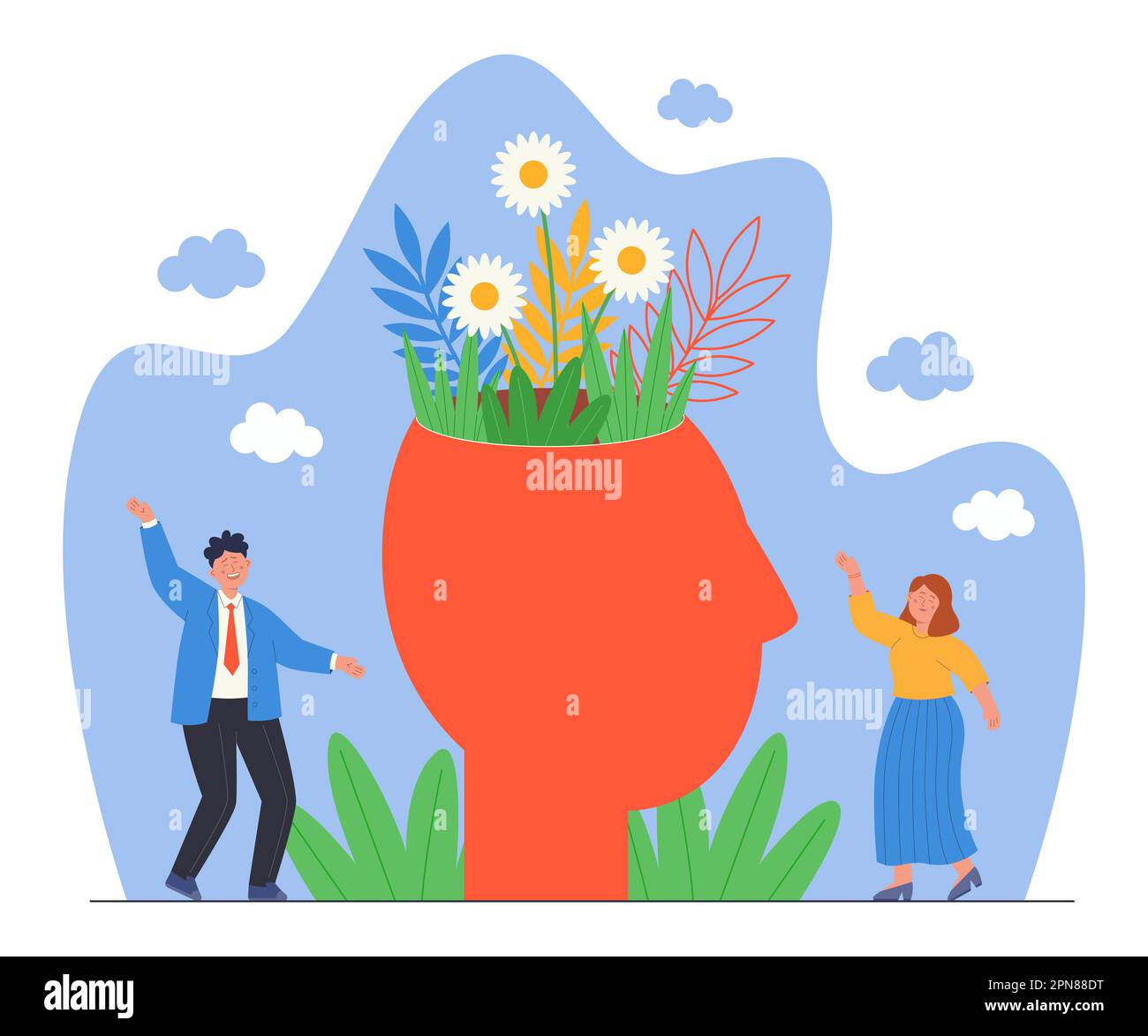 Happy tiny characters and big head with flowers Stock Vector Image ...