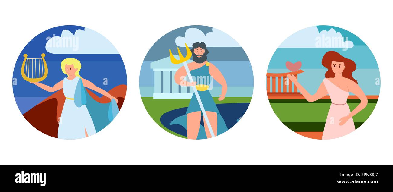 Apollo, Poseidon and Aphrodite cartoon illustrations set Stock Vector ...
