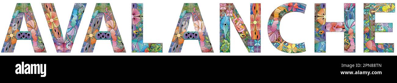 Hand-painted art design. Illustration word Avalanche painted in warm ...
