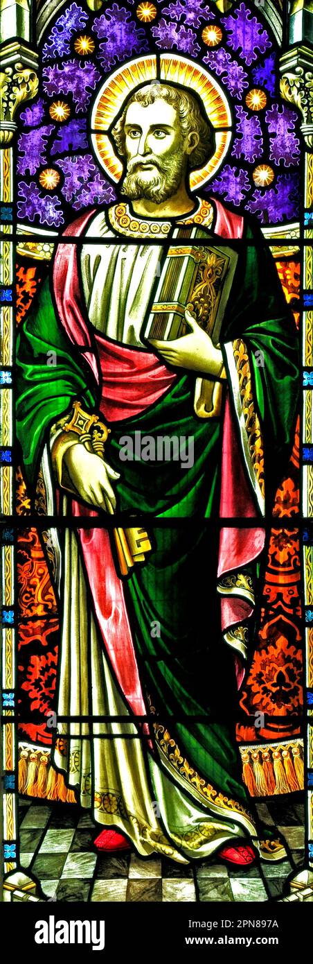 St. Peter, Simon Peter, holding key, stained glass window by E.. R ...