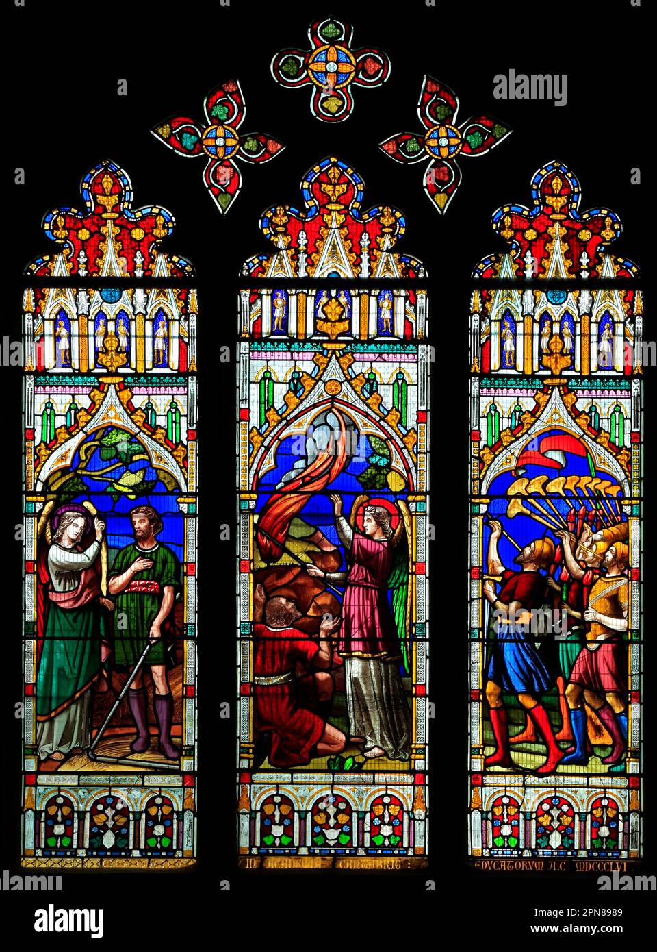 Stained Glass window, story of Gideon, with angel, food consumed by ...