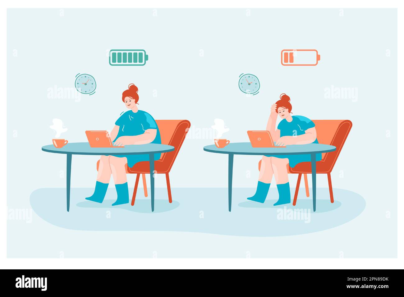 Happy and exhausted cartoon employee at table with laptop Stock Vector ...