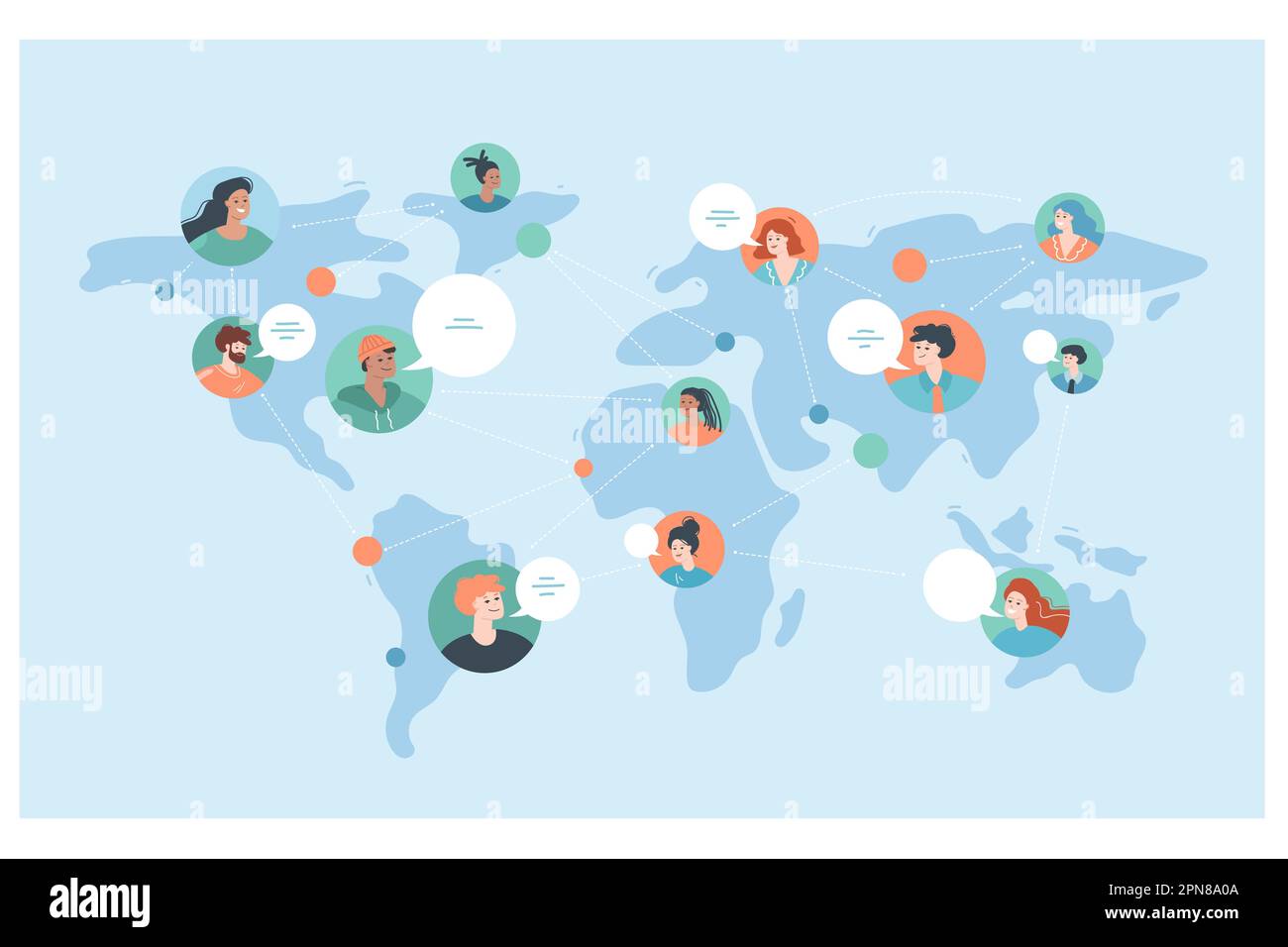 World map with people of diverse cultures talking over network Stock ...