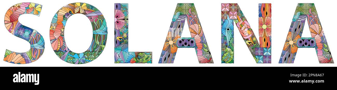 Hand-painted art design. Illustration word Solana painted in warm ...