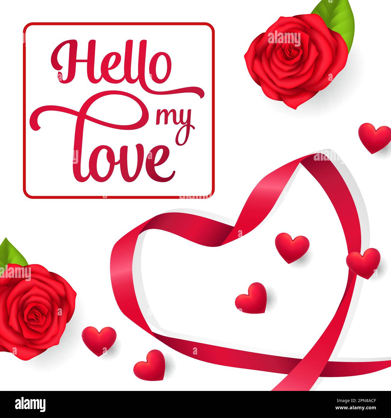 Hello my love lettering with red ribbon heart and roses Stock Vector ...