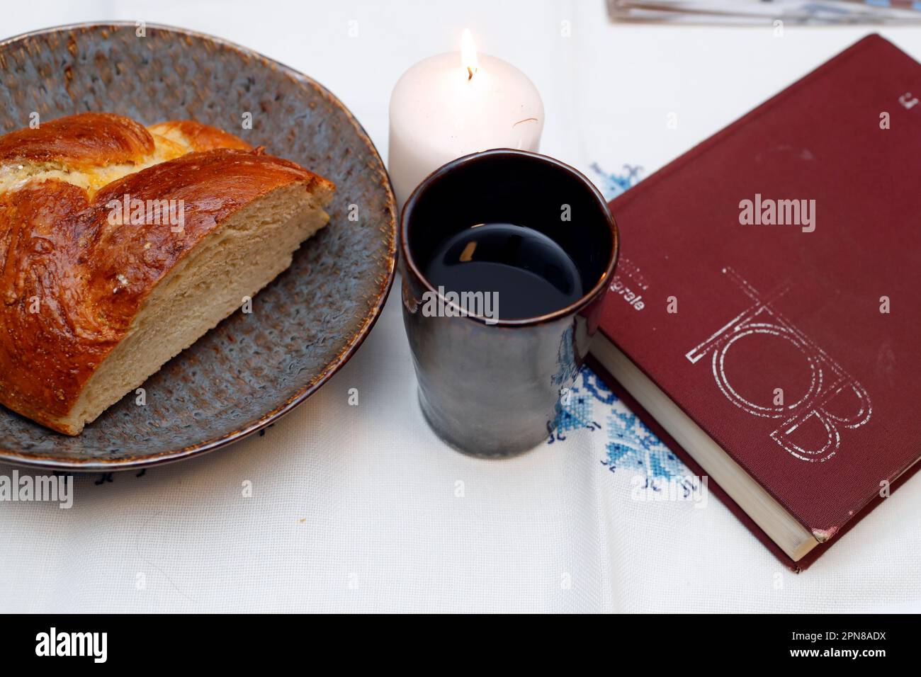 Protestant church. Bible, vine, Bread and candle on altar. Communion ...