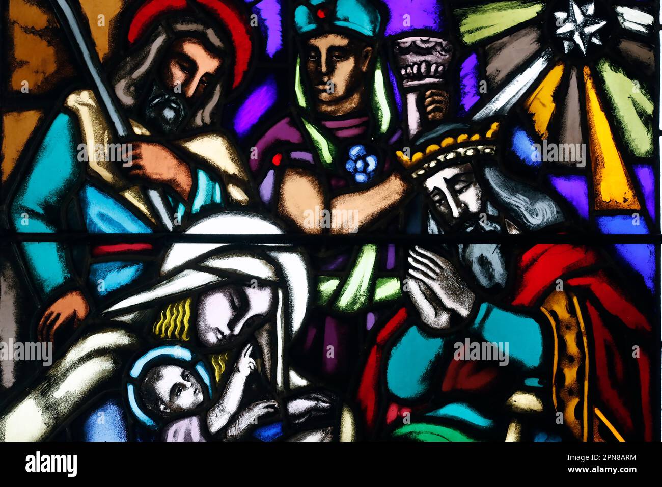 St Joseph church. Stained glass. Nativity scene. The adoration of thee ...