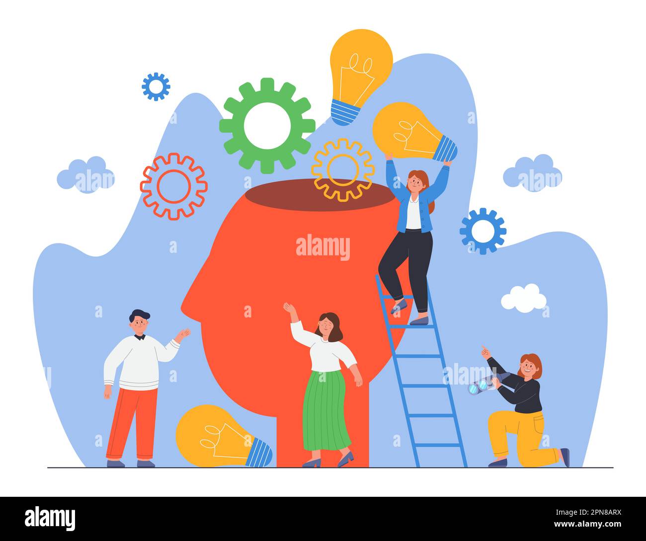 Tiny male and female character filling abstract persons head Stock ...