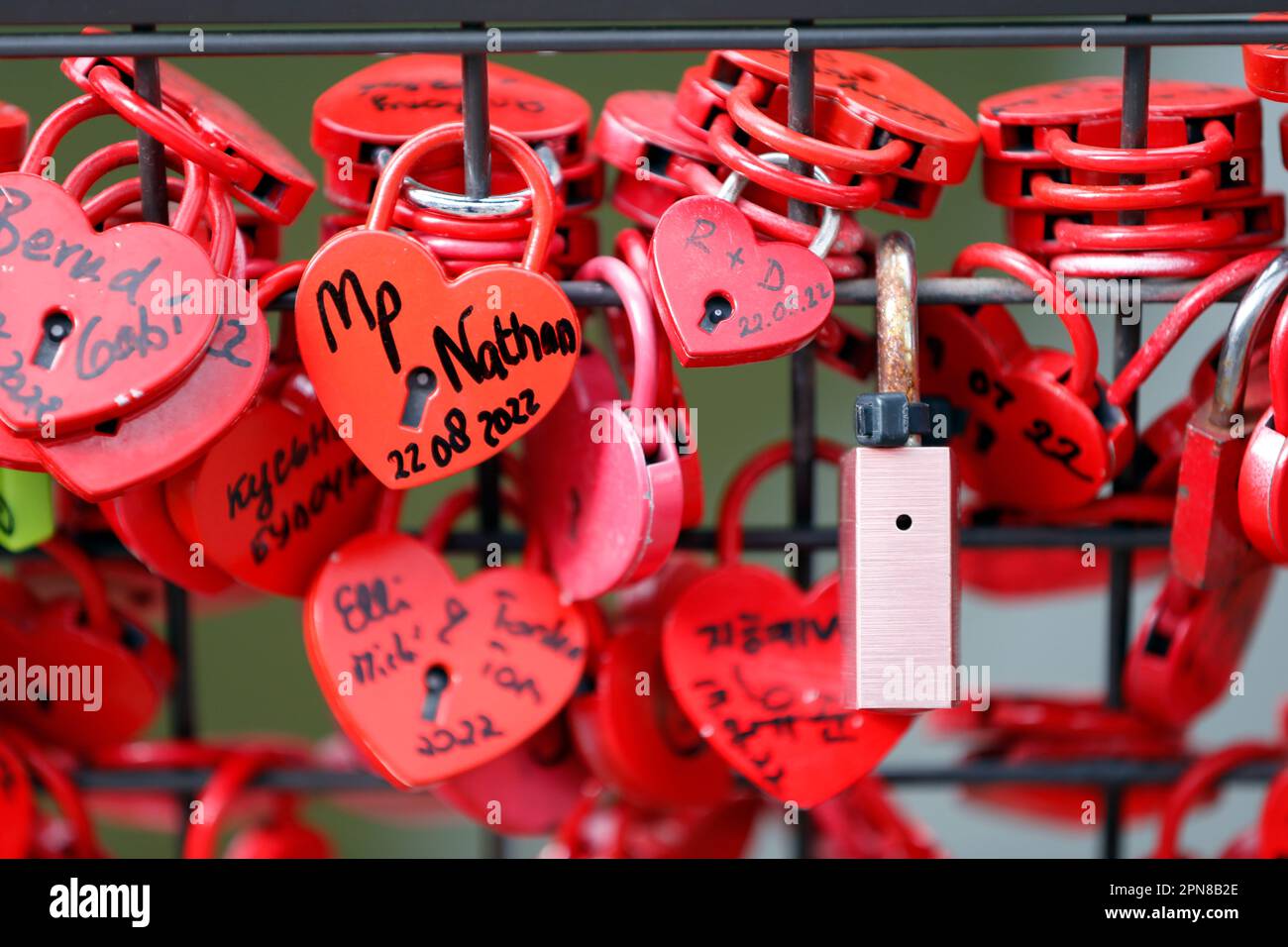 Red love heart locker on bridge. Love symbol. Saint Valentine. Alsace ...