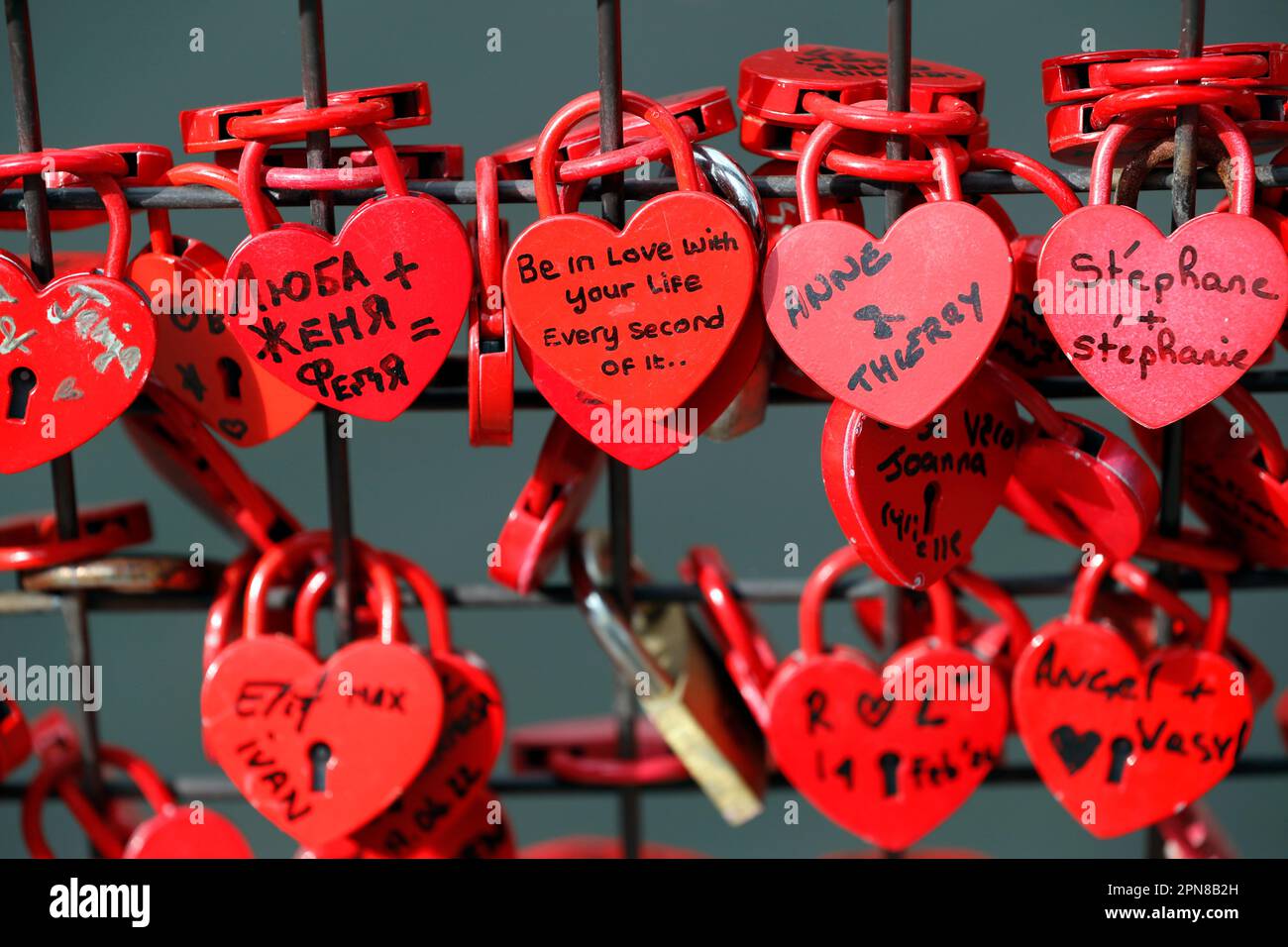 Red love heart locker on bridge. Love symbol. Saint Valentine. Alsace ...