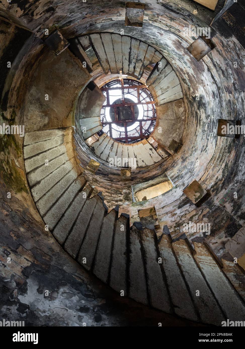 Looking up the interior former staircase of Ile aux Fouquets lighthouse ...