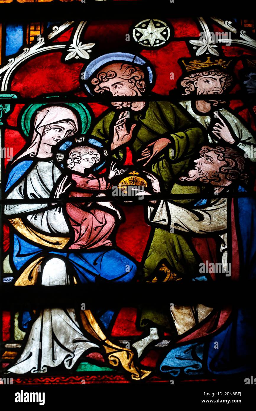Auxerre Cathedral. Stained glass. Nativity scene. The adoration of thee ...