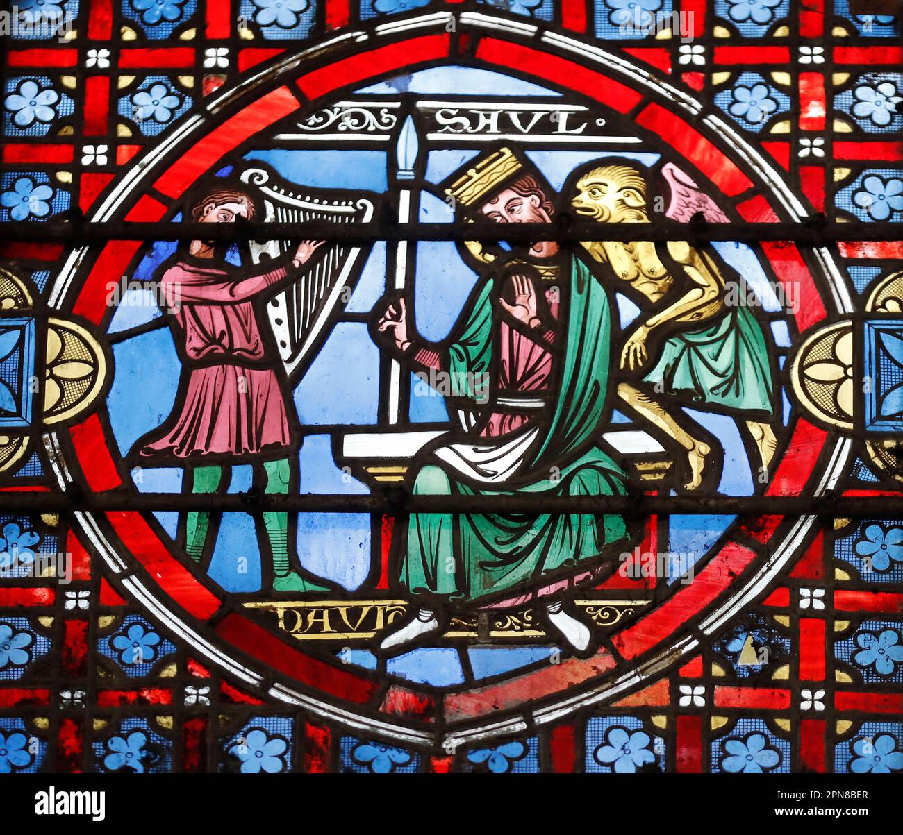 Auxerre Cathedral. Stained glass. David plays his harp before Saul to ...