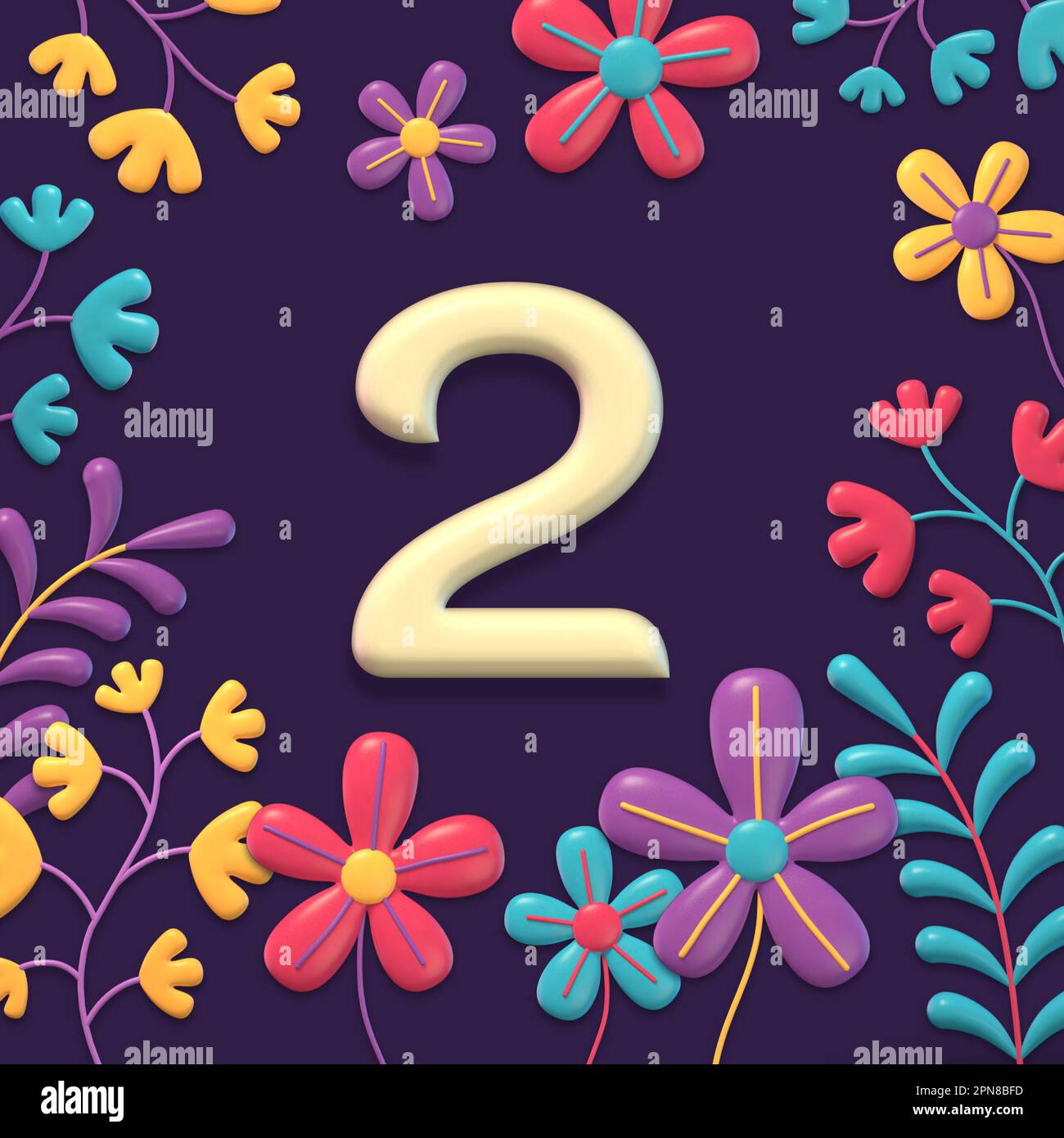 set of numbers on dark background with flowers and plants, 3d rendering ...
