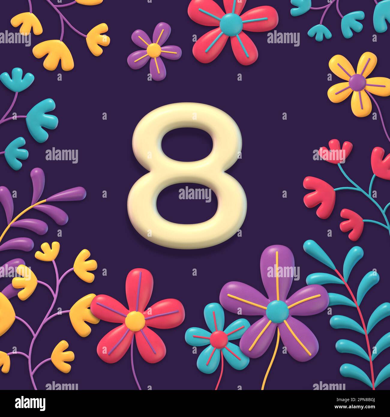 set of numbers on dark background with flowers and plants, 3d rendering ...