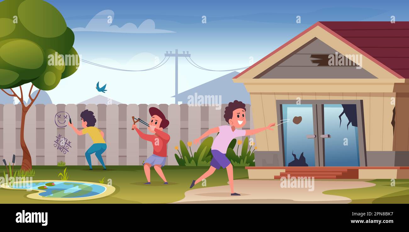 Behaviour kids. Children making bad things exact vector cartoon background with behavior kids ...