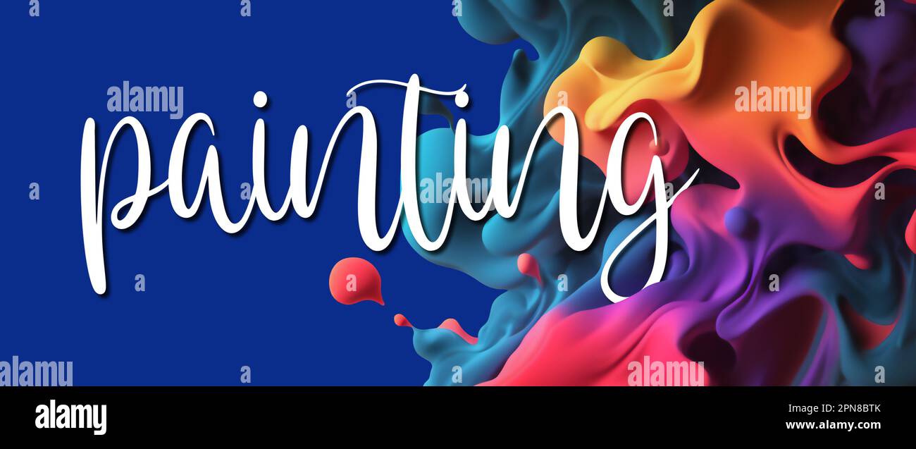 painting, white text on multicolored splashes of paint, 3d rendering ...