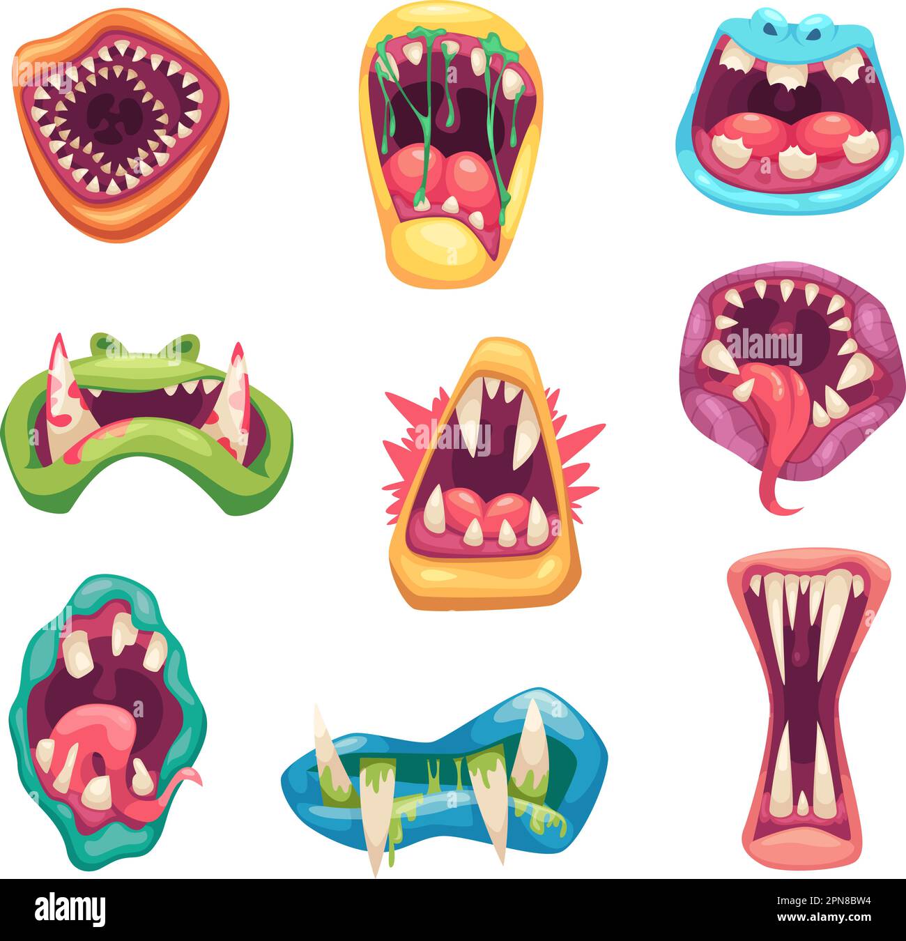 Mouth monsters. Scary angry creatures different emotions expression ...