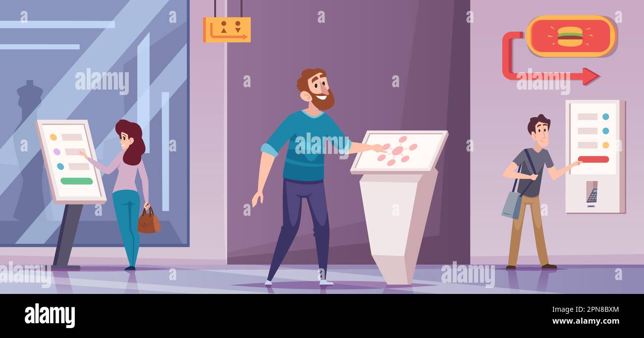 Checkout terminal background. People in mall standing near self checkout terminal exact vector ...