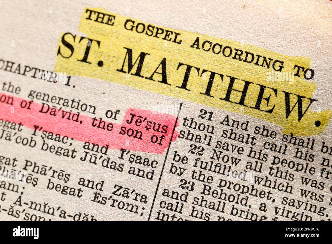 Open bible. Bible study. The gospel according to St Matthew Stock Photo ...