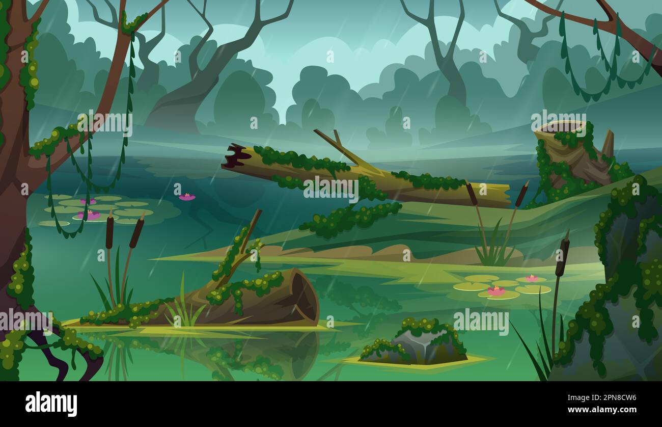 Cartoon forest background. Green moss in wood exact vector landscape ...