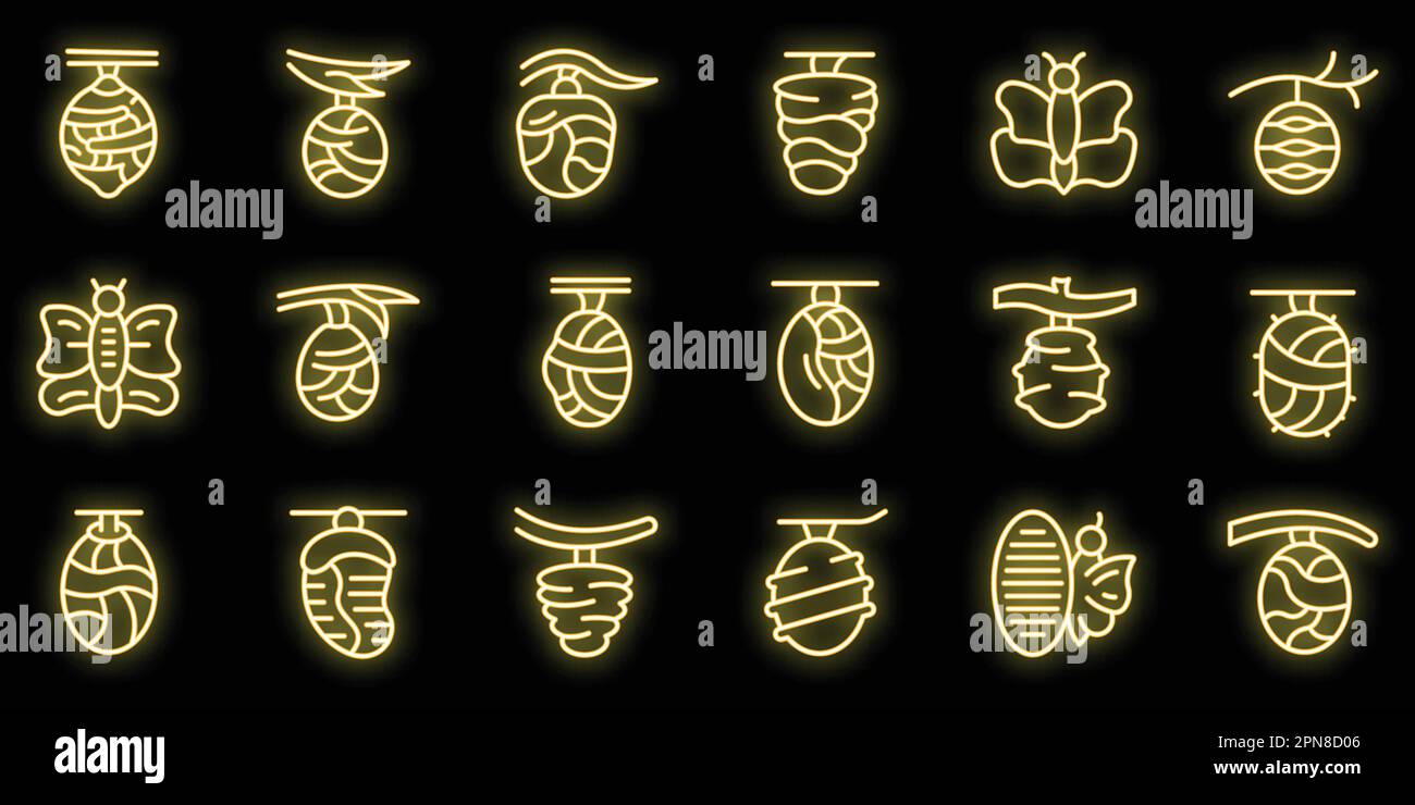 Cocoon icons set outline vector. Pupa cycle. Butterfly caterpillar neon ...