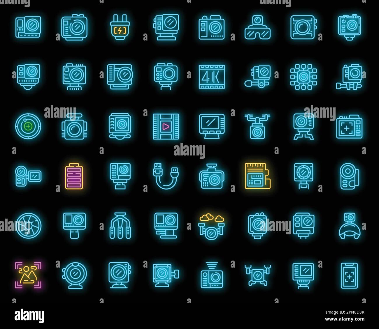 Camera go pro icons set outline vector. Action camera. 4k cam neon ...