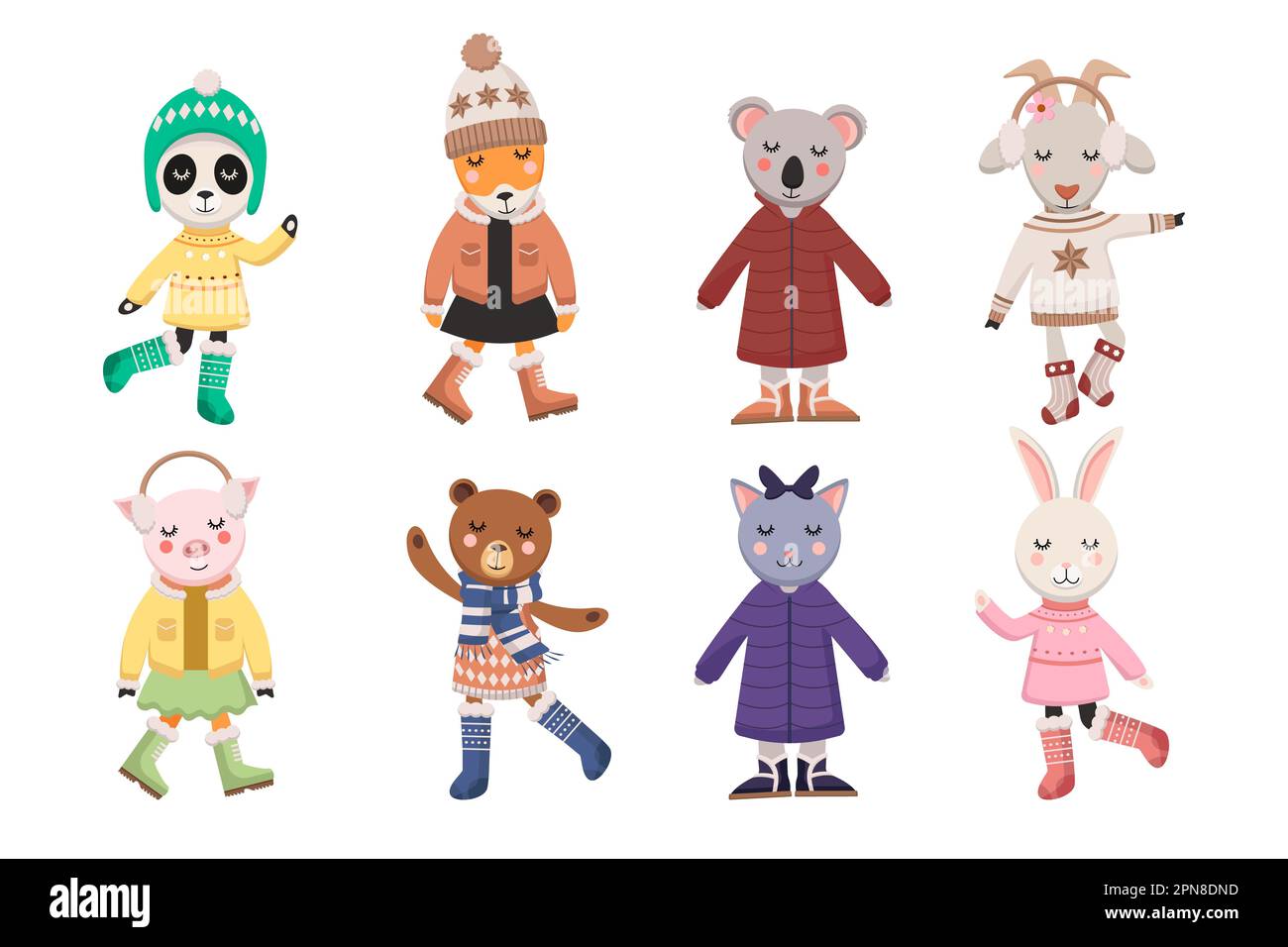Cute animals in winter outwear clothes vector set Stock Vector Image ...