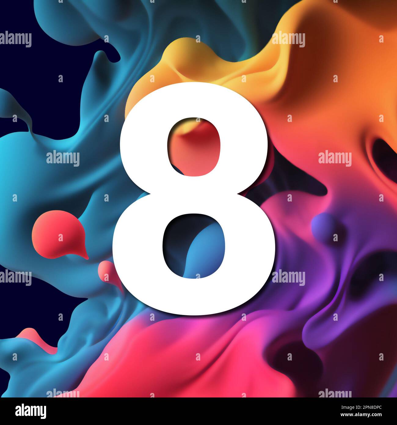 set of white numbers on multicolored splashes, 3d illustration, eight ...