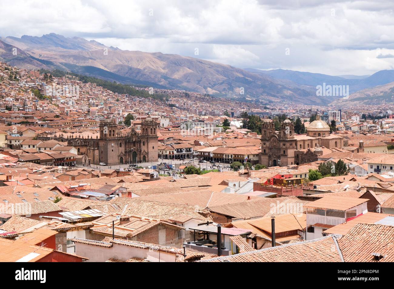 Top view historic houses and roof at Cusco with Cusco cathedral, Andes ...