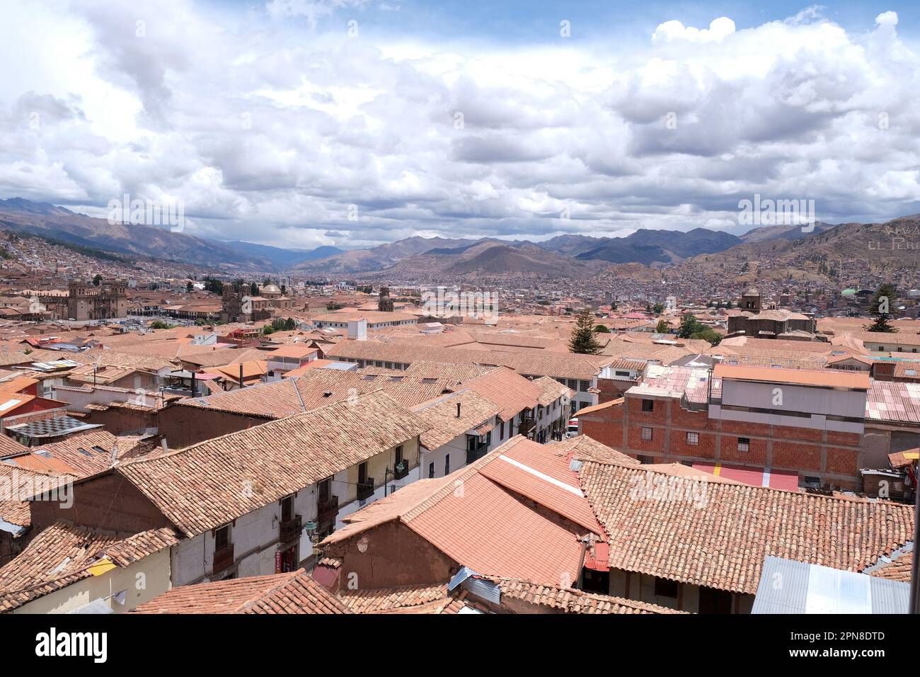 Top view historic houses and roof at Cusco with Cusco cathedral, Andes ...