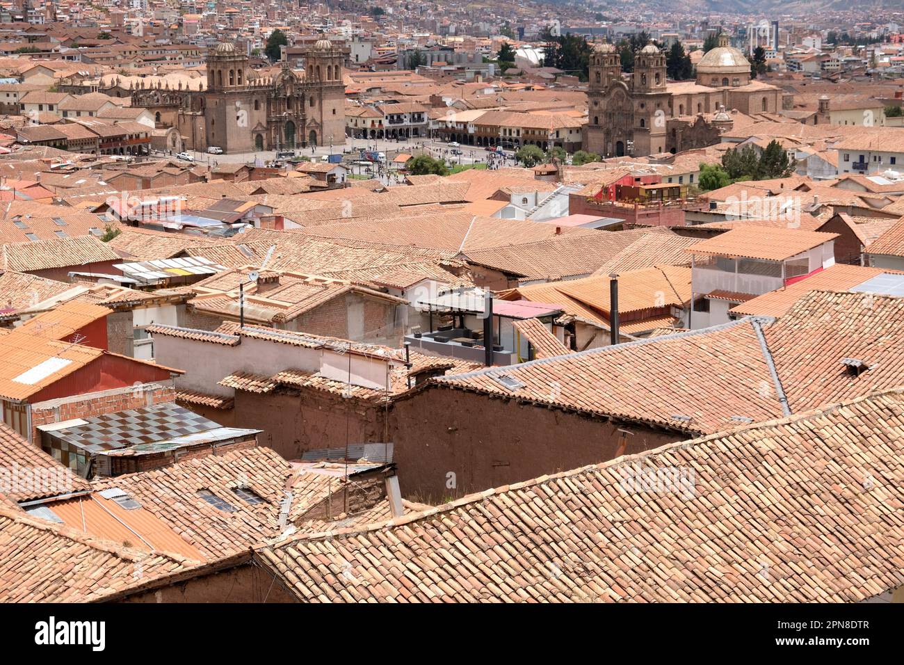 Top view historic houses and roof at Cusco with Cusco cathedral, Andes ...