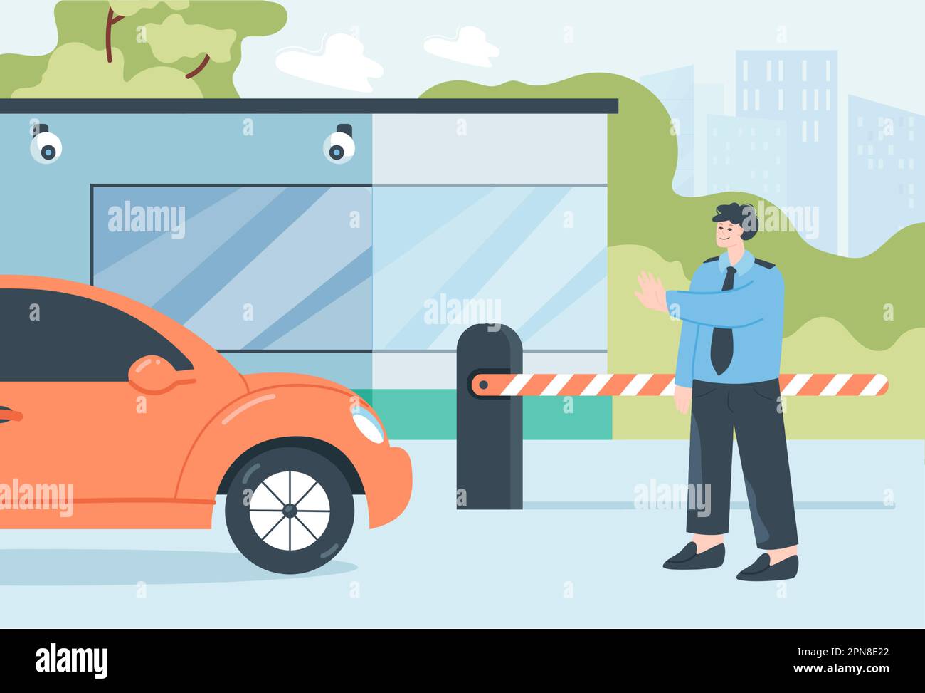 Guard stopping car before parking gate flat vector illustration Stock ...
