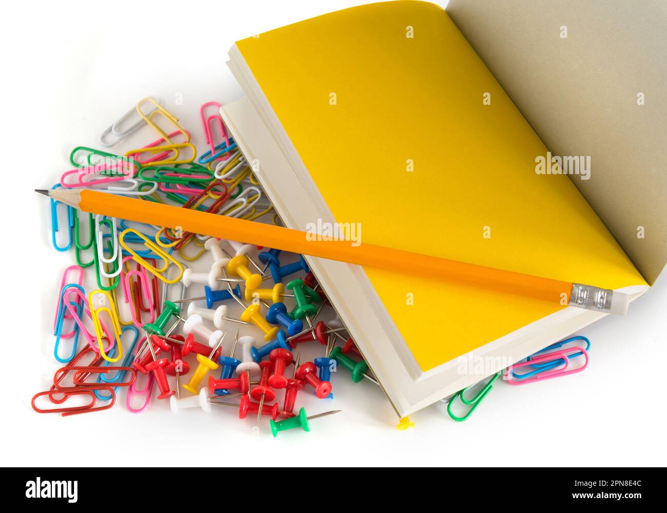 School office accessories, pencil, buttons, notepad, colorful paper ...
