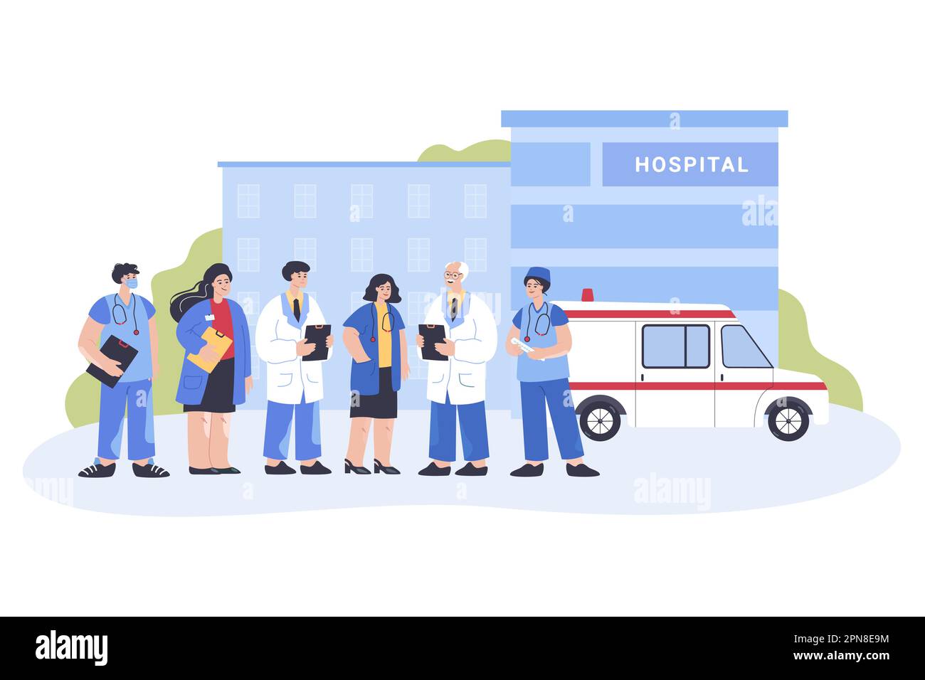 Doctors and nurses standing near hospital building and car Stock Vector ...