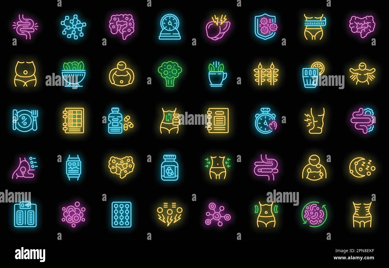 Belly icons set outline vector. Weight after. Fat man neon color on ...