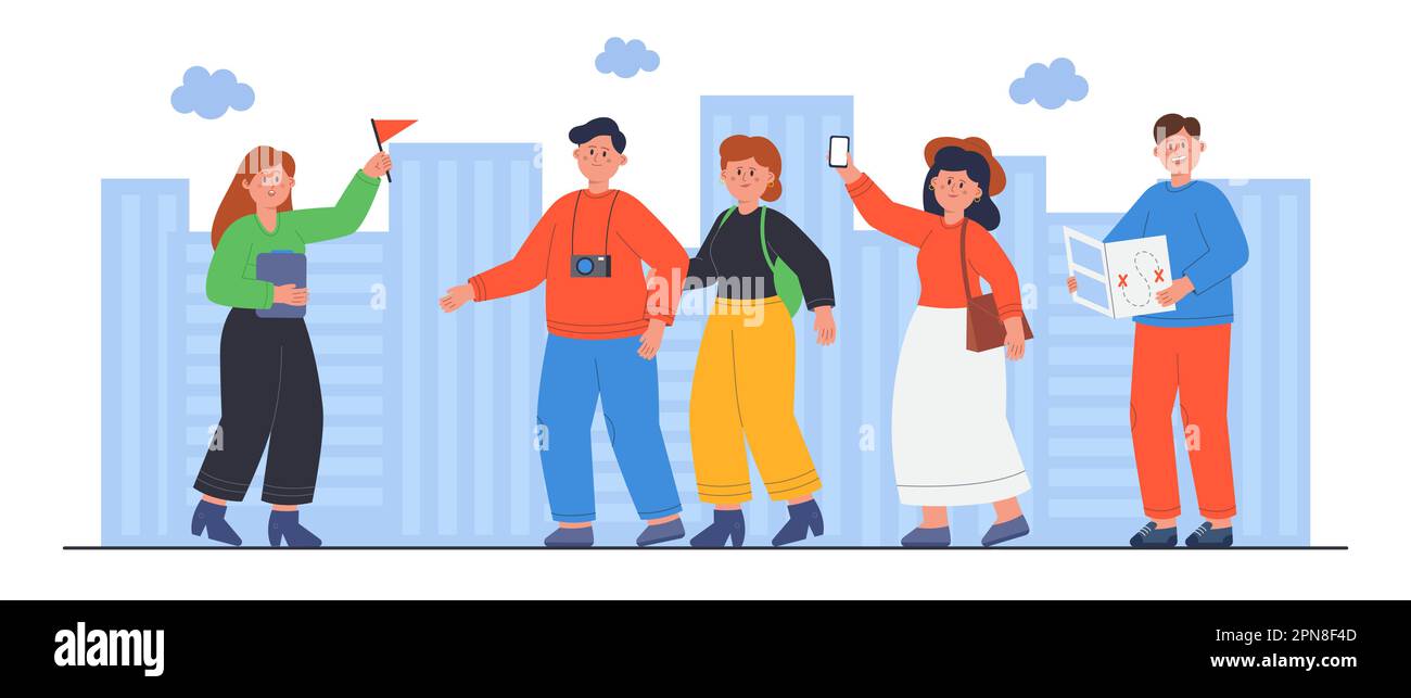 Sightseeing visit by group of tourists and lady guide with flag Stock ...