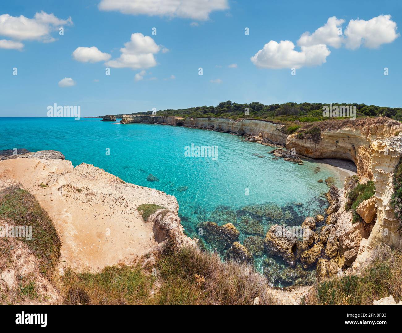 Picturesque seascape with white rocky cliffs, sea bay, islets and ...