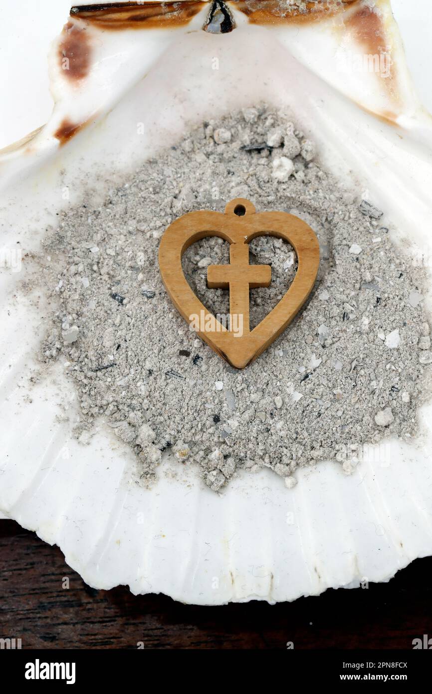 Scalllop shell with ashes and christian cross. Ash Wednesday ...