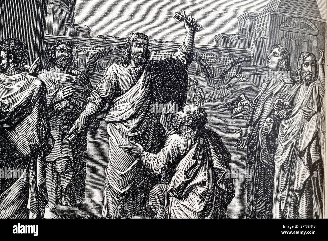 Old Missel Roman. Historical illustration. Saint Peter receiving the ...