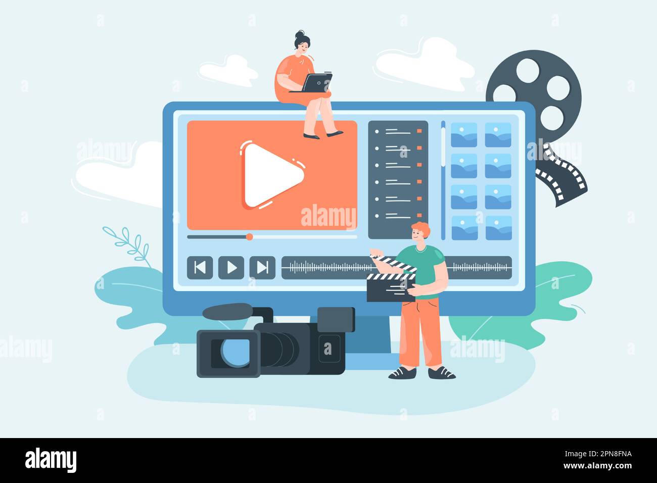 Tiny people editing footage on huge computer Stock Vector Image & Art ...