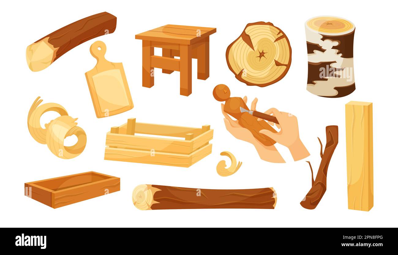 Different handmade wooden objects vector illustrations set Stock Vector ...