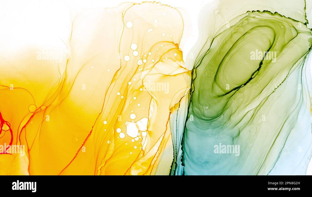Waves and edges alcohol ink transparent painting on white background on ...