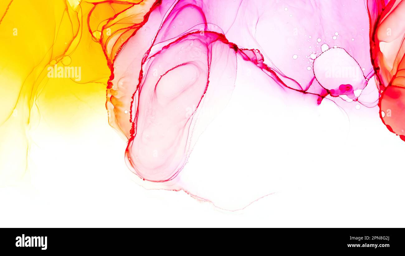 Waves and edges alcohol ink translucent painting on white background on ...