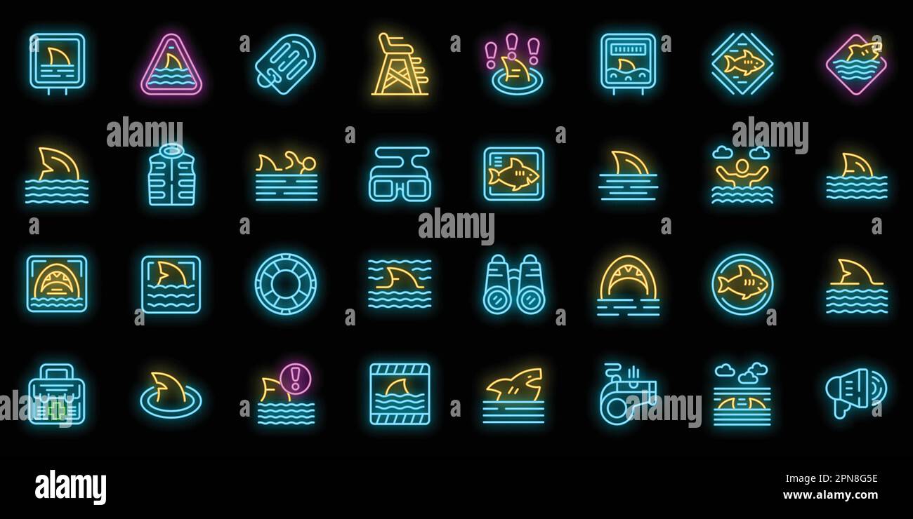 Beware the sharks icons set outline vector. Angry animal. Surf caution ...