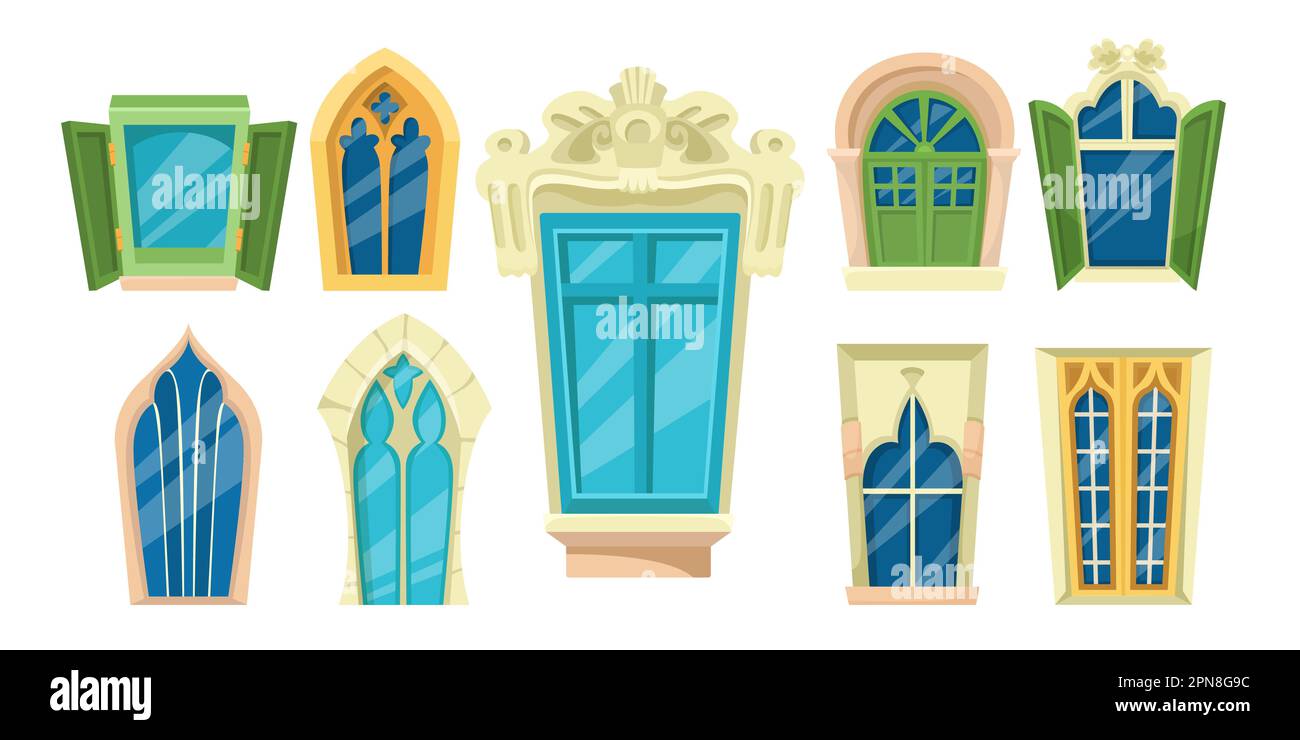 Medieval or ancient windows frames vector illustrations set Stock ...